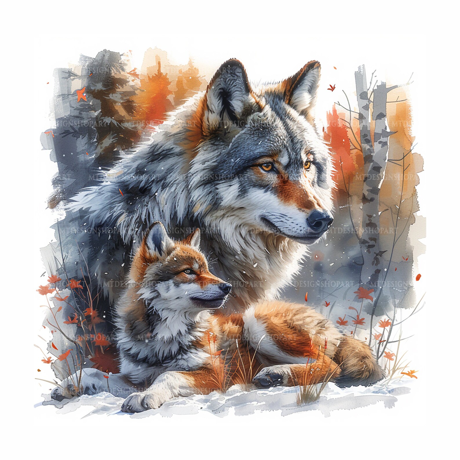 15 Wolf and Baby Clipart, Printable Watercolor Clipart, Watercolor Wolf ...