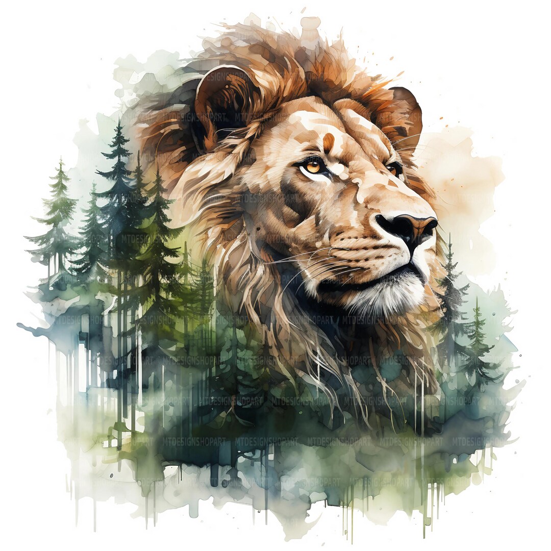 16 Lion Clipart, Watercolor Lion in Forest Clipart, Printable ...