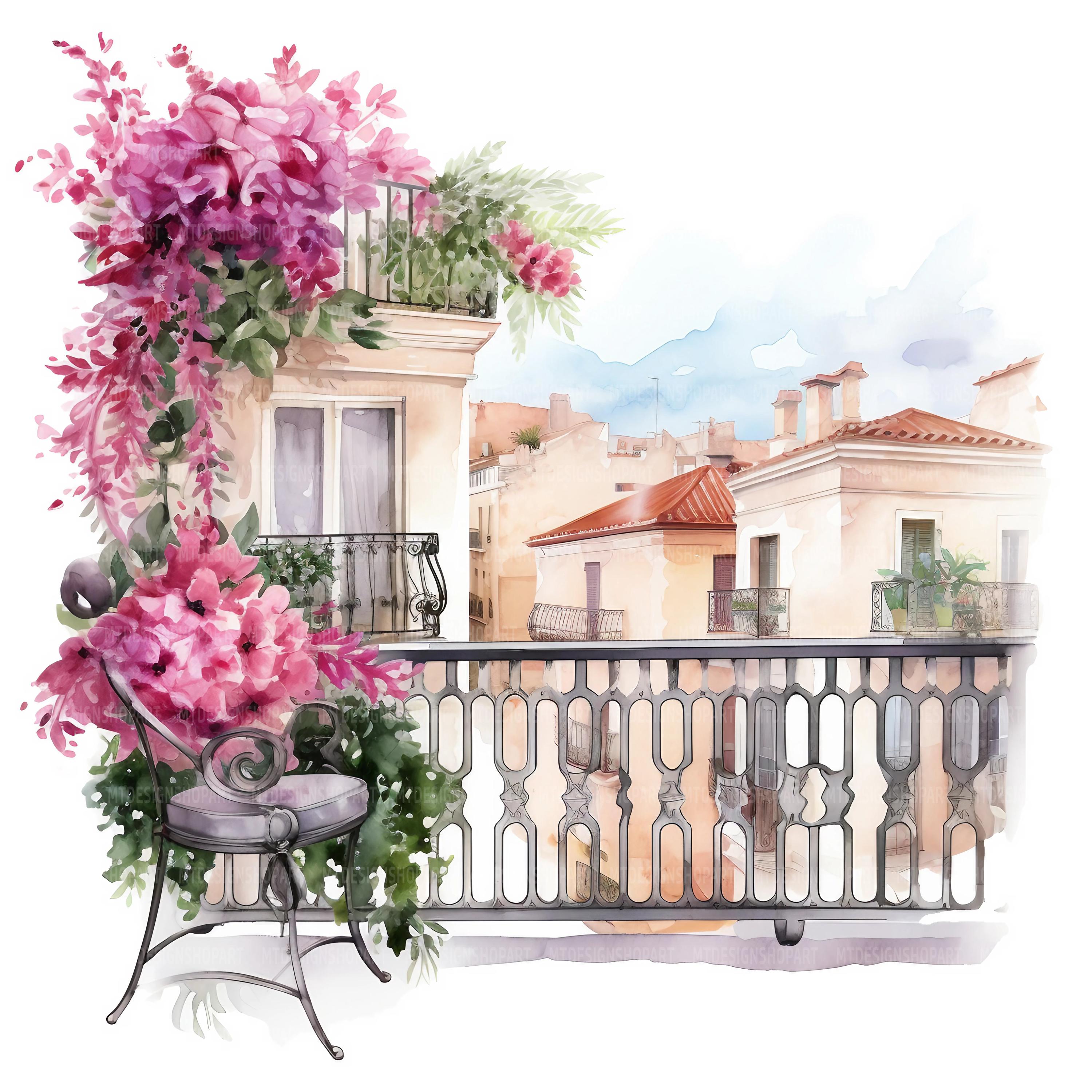 19 Floral Balcony Clipart, Balcony Flowers, Printable Watercolor ...