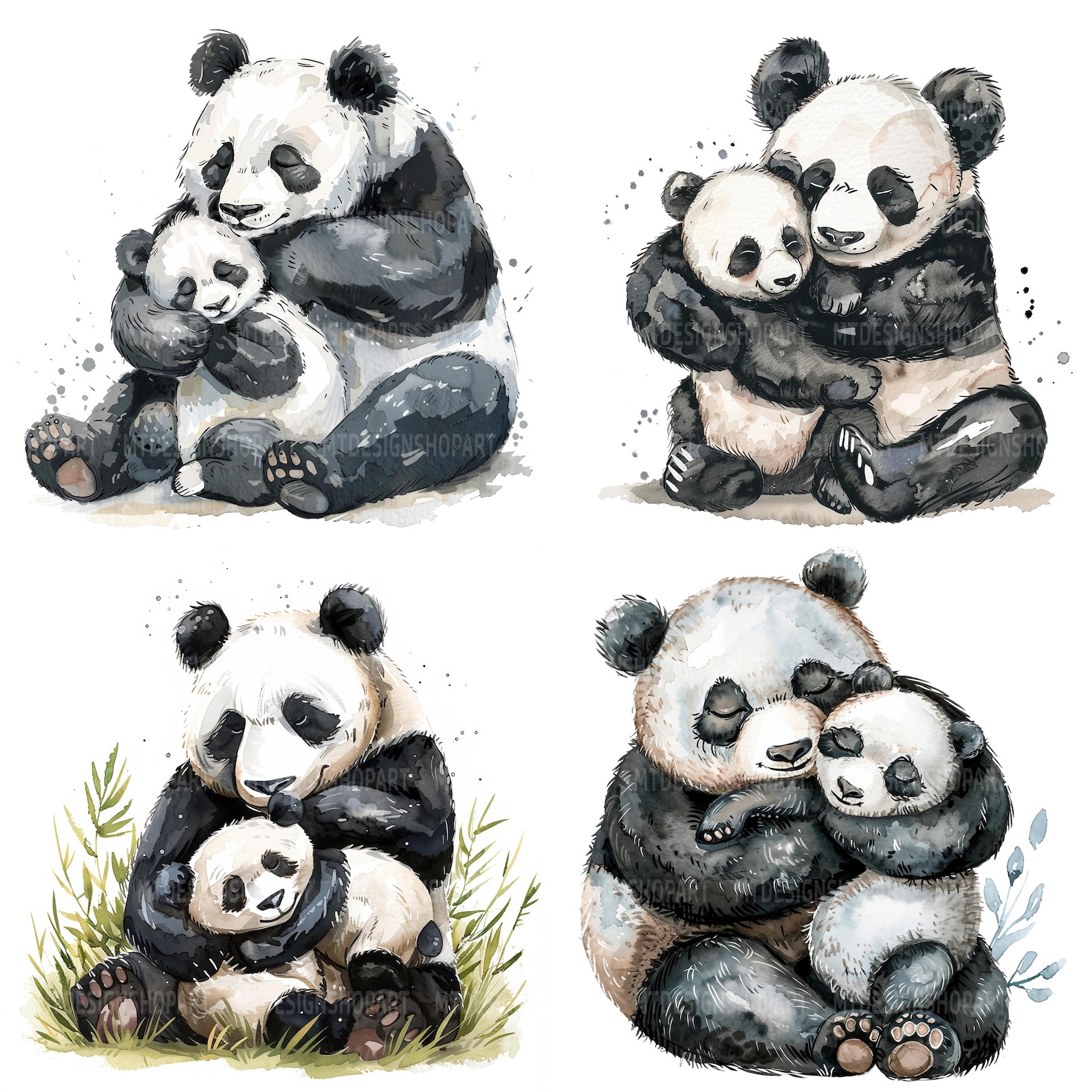 19 Panda Clipart, Mom and Baby Panda Bear Clipart, Printable Watercolor ...