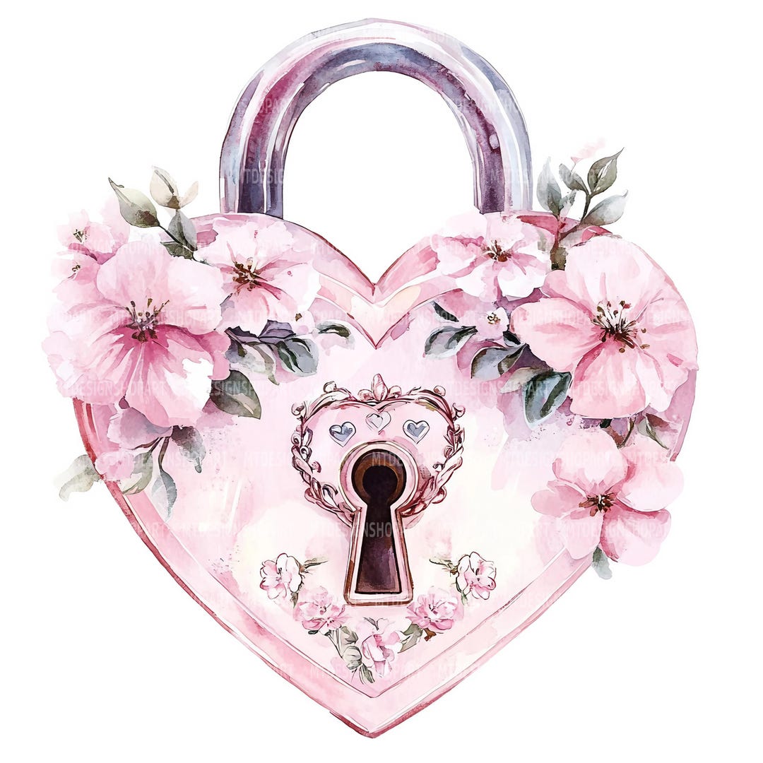 Floral Heart Lock Clipart: Pink Watercolor Love Designs (digital ...