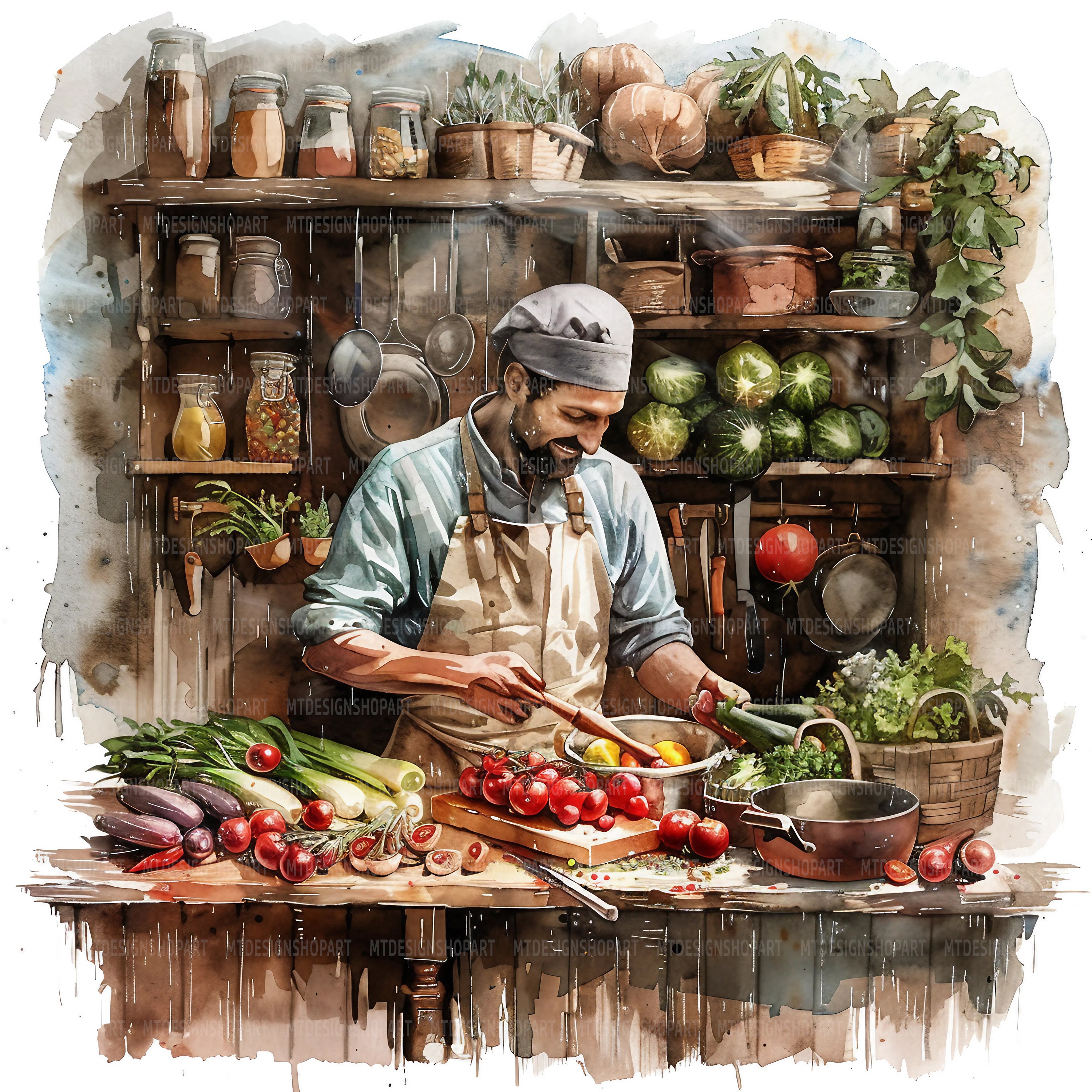 10 Happy Cook in Countryside Clipart, Cooking Chef Clipart, Watercolor ...