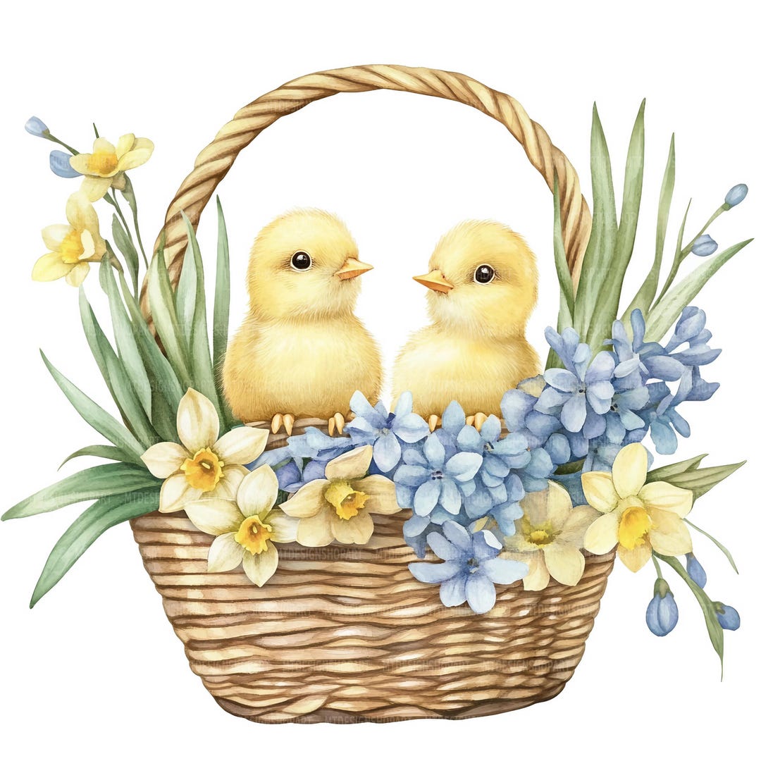 19 Chick in Easter Basket Clipart, Easter Clipart, Printable Watercolor ...