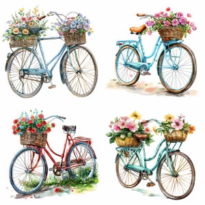 18 Vintage Floral Bicycle Clipart, Shabby Chic, Printable Watercolor ...