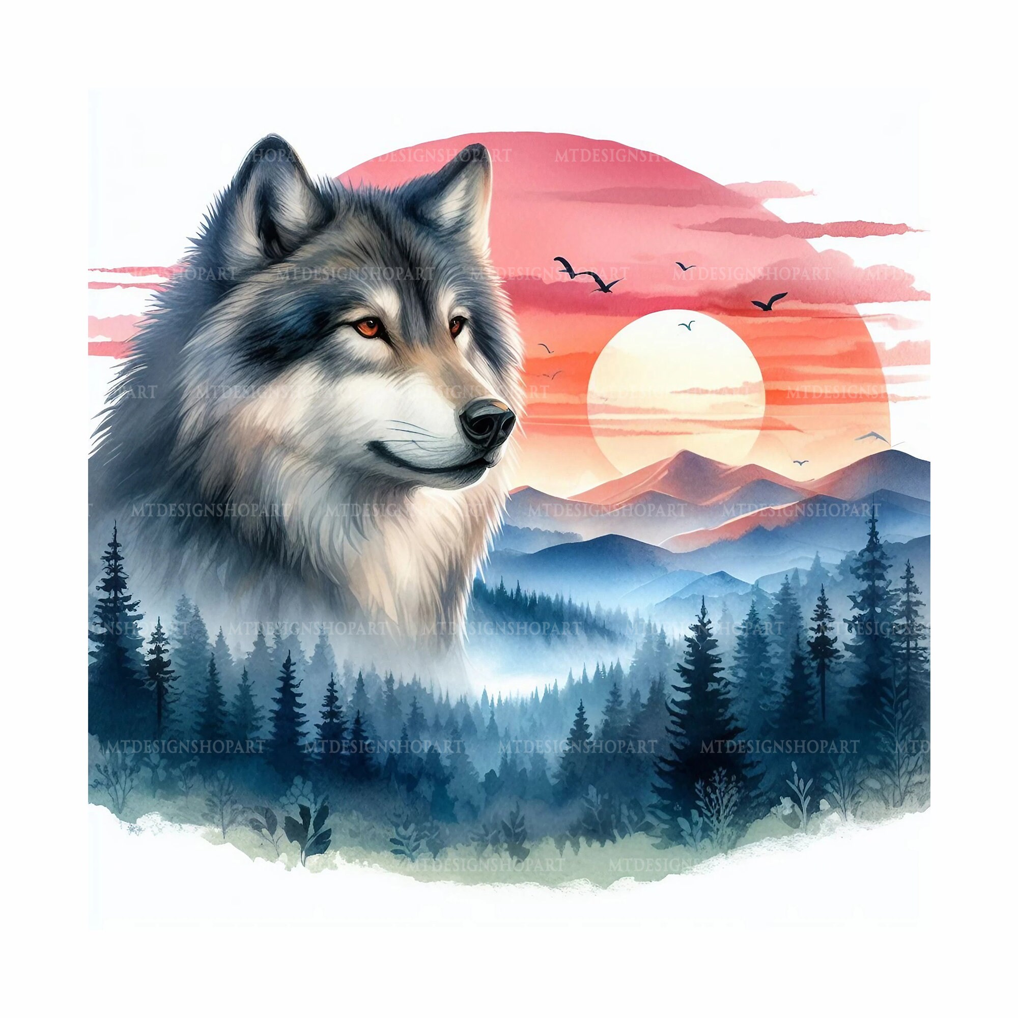 18 Wolf Sunset Clipart, Printable Watercolor Clipart, Watercolor Wolf ...