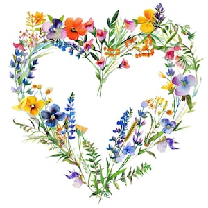19 Wildflowers Hearts Clipart, Heart Wreath, Printable Watercolor ...