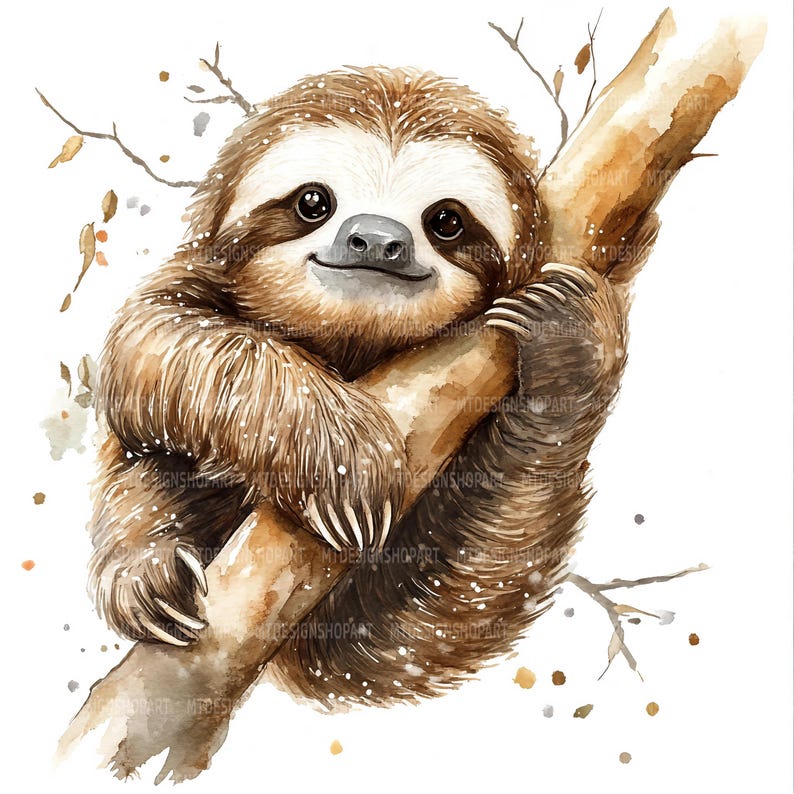 Watercolor Sloth Clipart: Baby Animal Art, Junk Journal Graphics ...