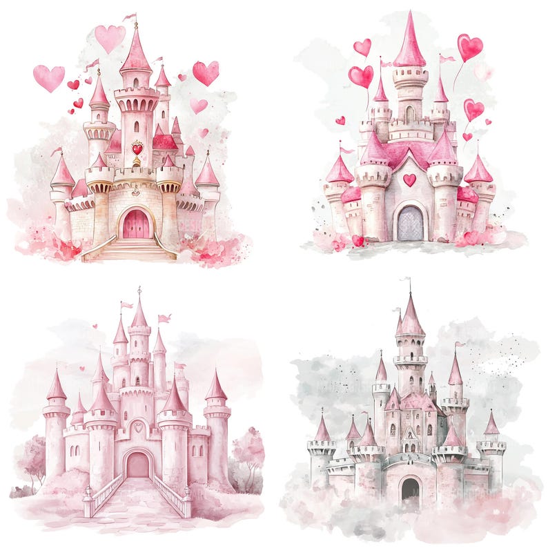16 Watercolor Princess Heart Castle Clipart, JPG, Junk Journal Art ...