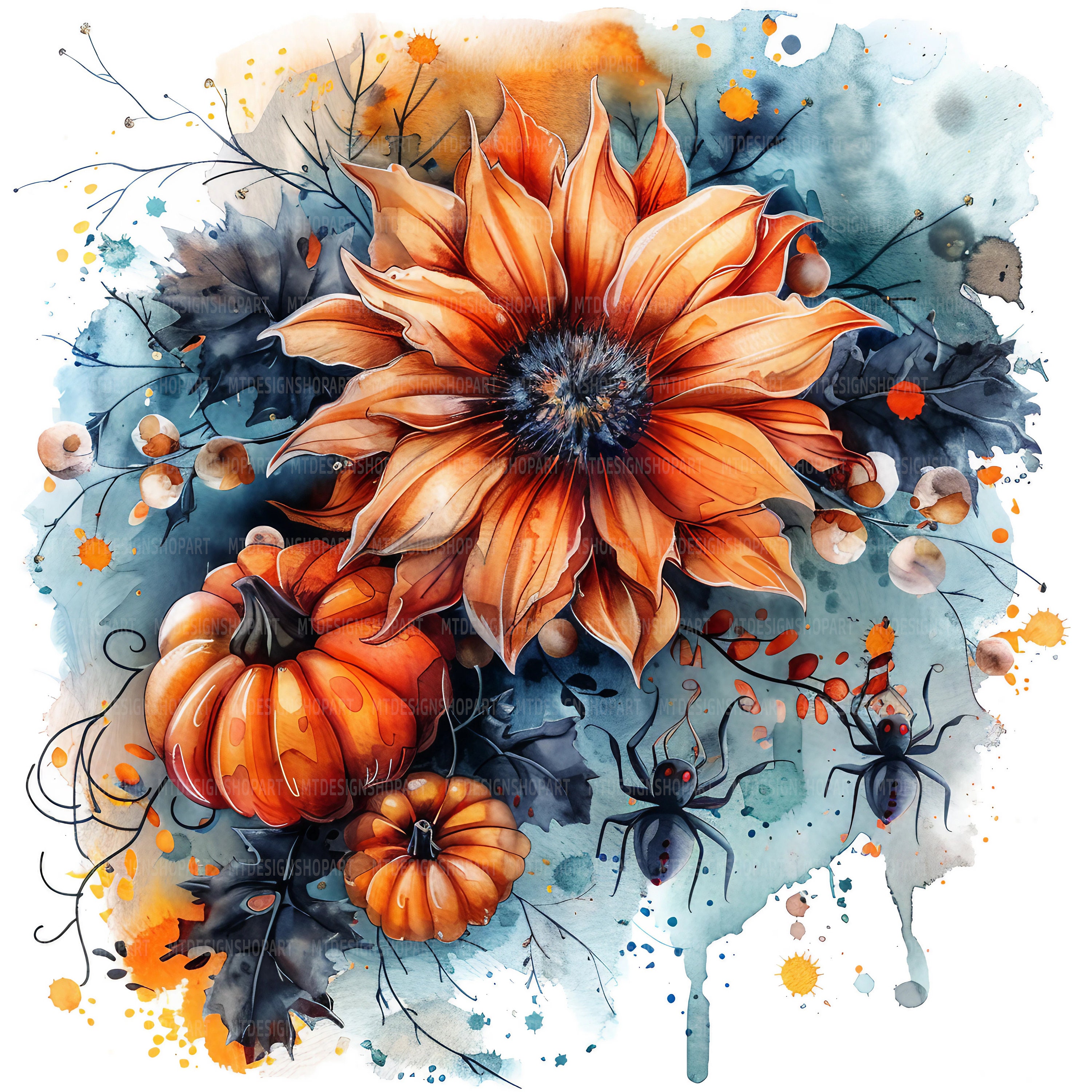 12 Halloween Flower Clipart, Flowers Clipart, Printable Watercolor ...
