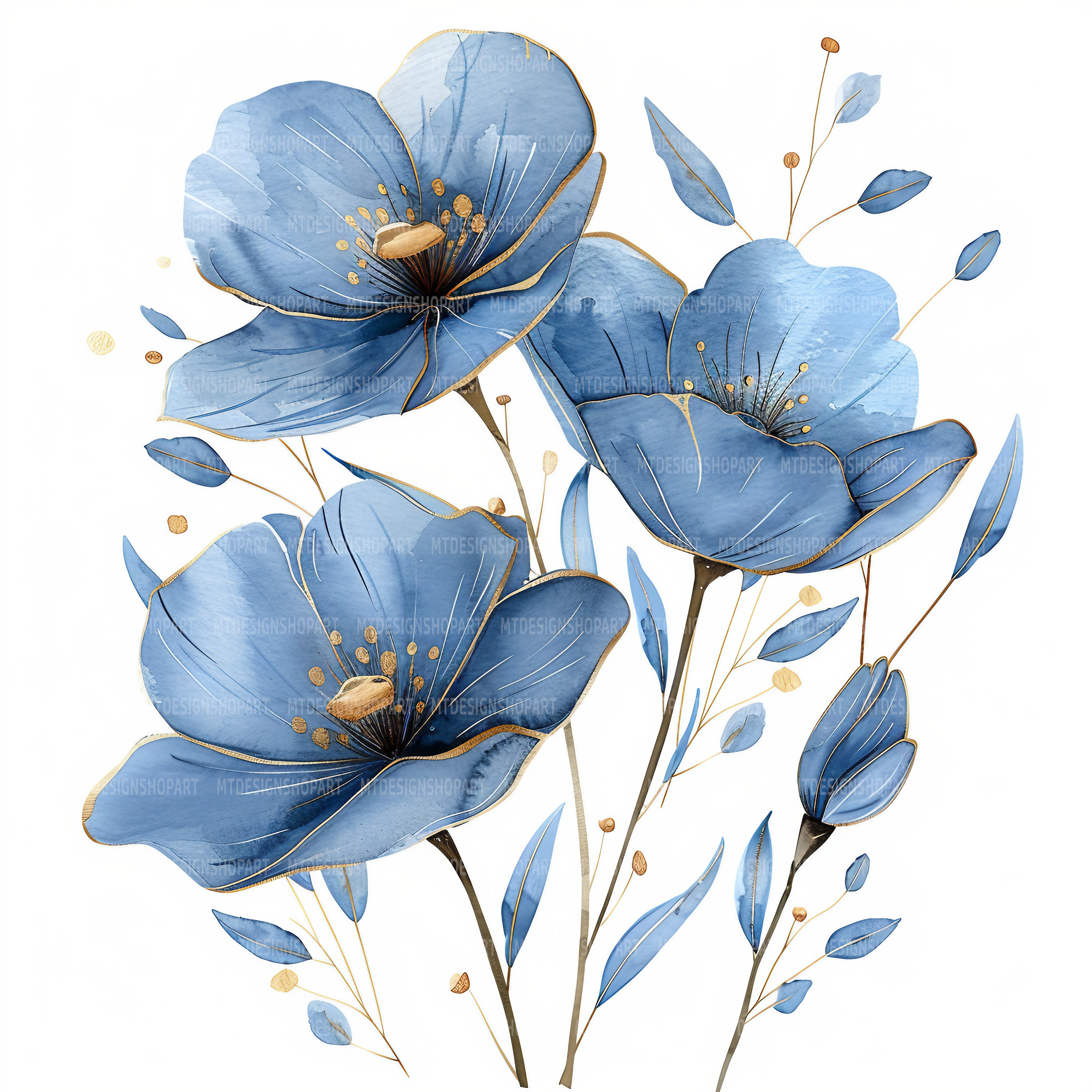 18 Abstract Blue Flowers Clipart, Flowers Print, Printable Watercolor ...