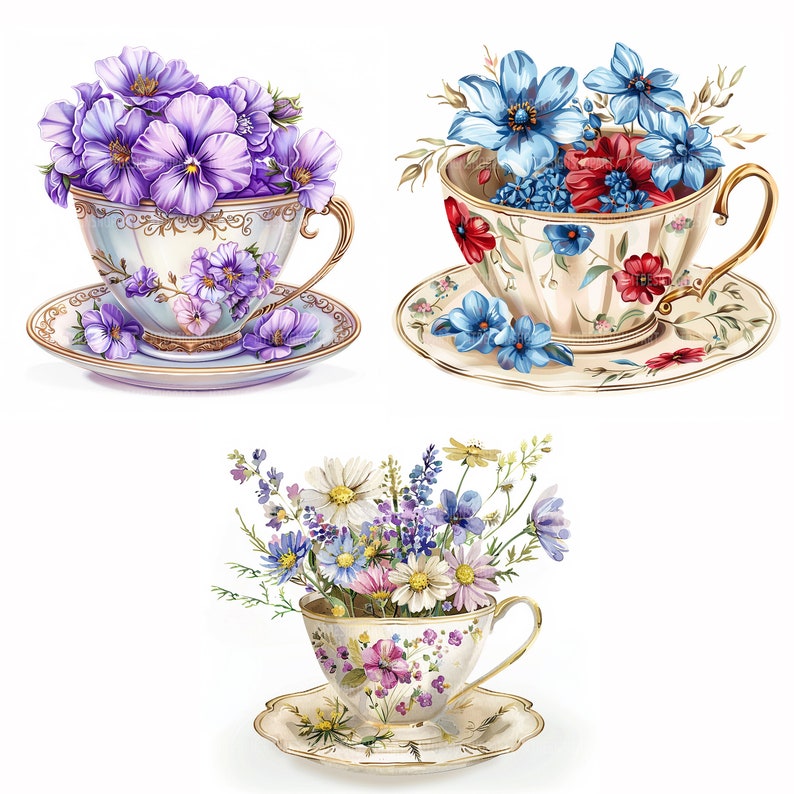 15 Flowers in Tea Cup Clipart, Floral Tea Cup, Printable Watercolor ...