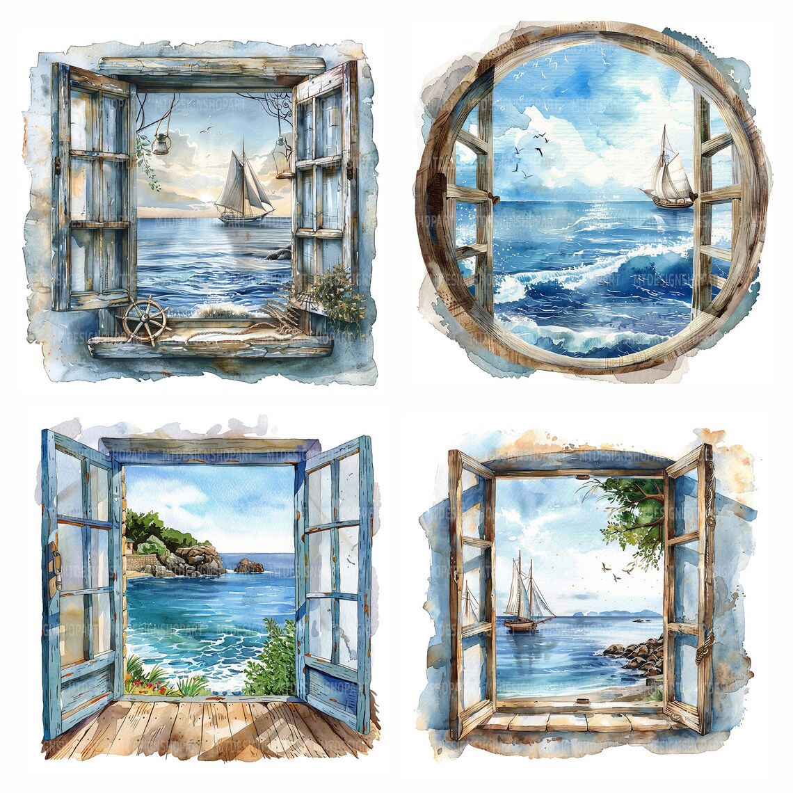 20 Window Ocean View Clipart, Window to Sea, Printable Watercolor ...