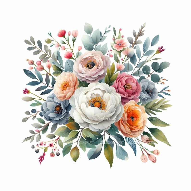 22 Flowers Bouquet Clipart, Bright Flowers, Printable Watercolor ...