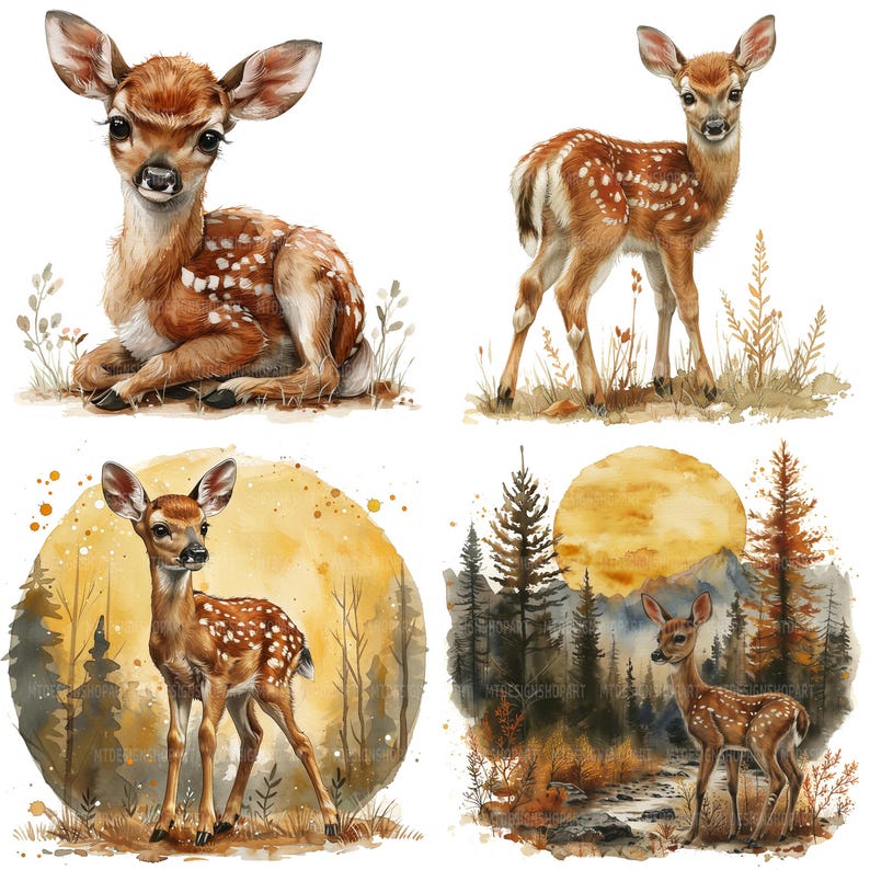 23 Forest Deer Clipart, Baby Fawn, Printable Watercolor Clipart, Paper ...