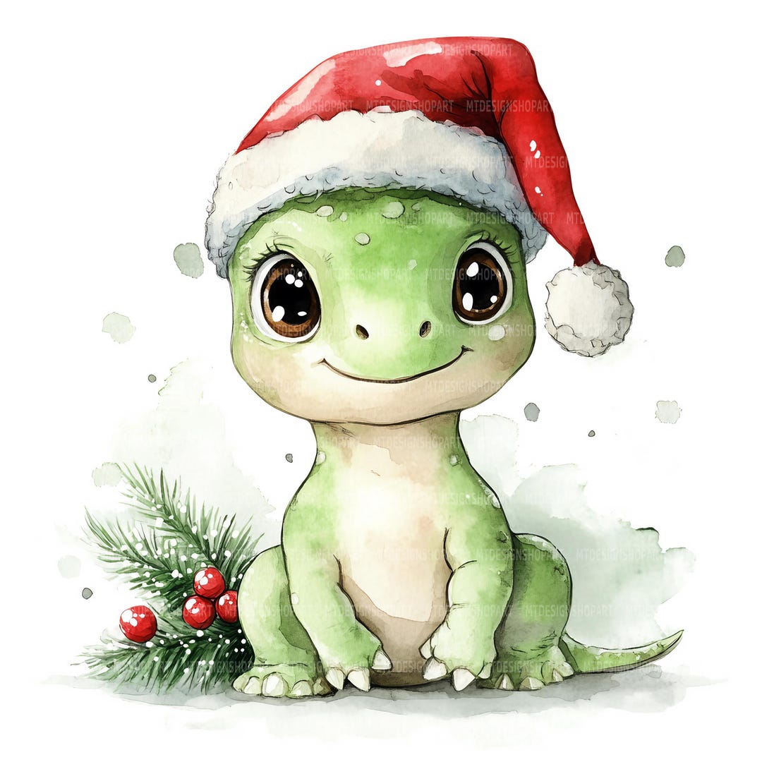 15 Christmas Dinosaur Clipart, Baby Dinosaur, Printable Watercolor ...
