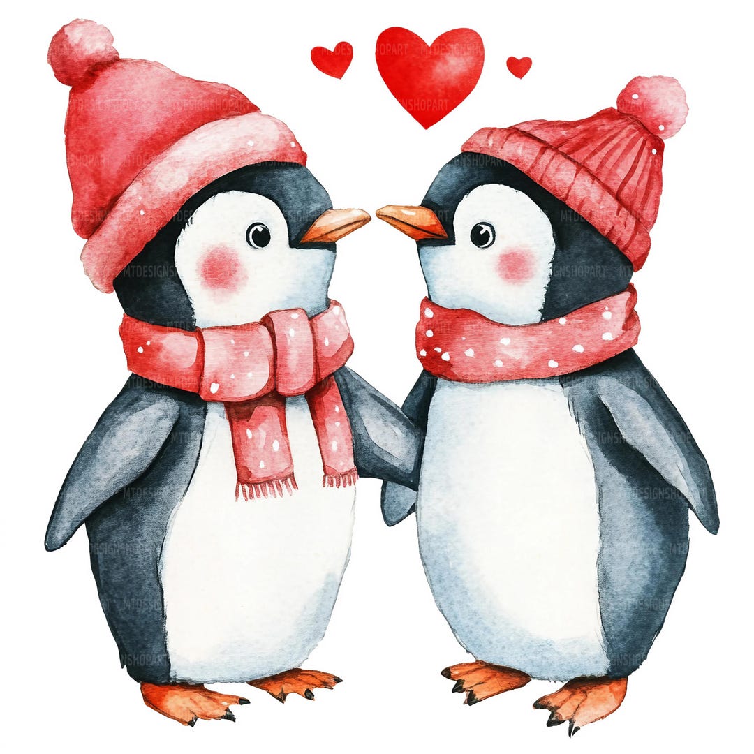 16 Valentine Penguins Clipart, Penguin Couple, Printable Watercolor ...