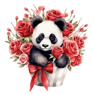 18 Panda With Red Roses Clipart, Panda Art, Valentine's Day, Printable ...