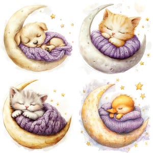 22 Sleeping Baby Animals on Moon Clipart, Cute Sleepy Animal, Printable ...