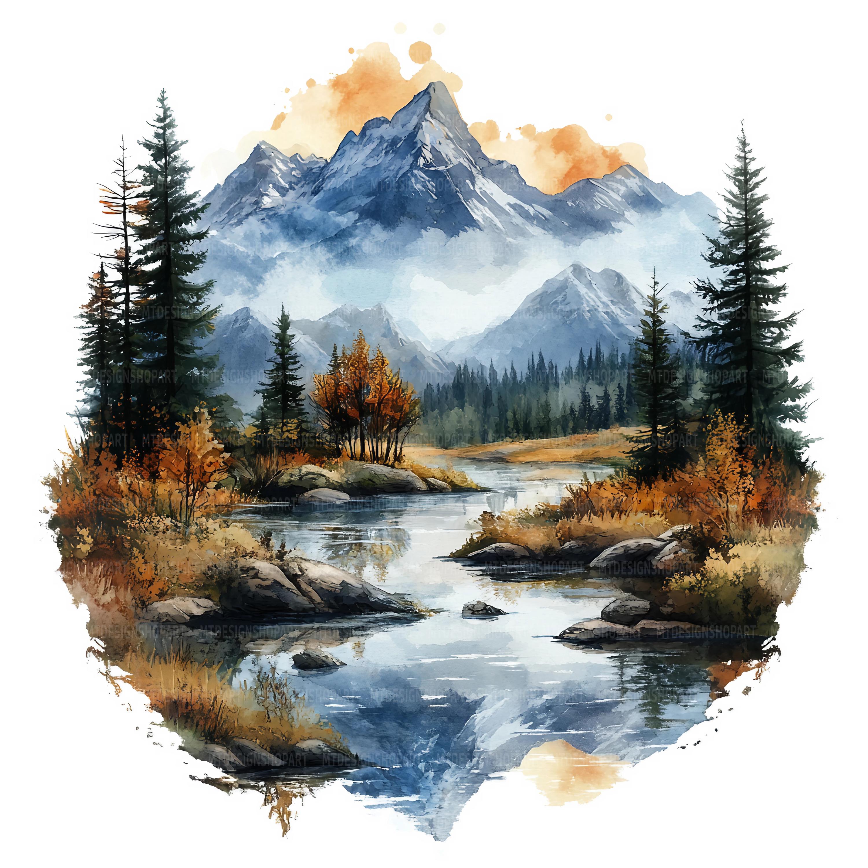 16 Nature Landscape Clipart, Mountain Clipart, Printable Watercolor ...
