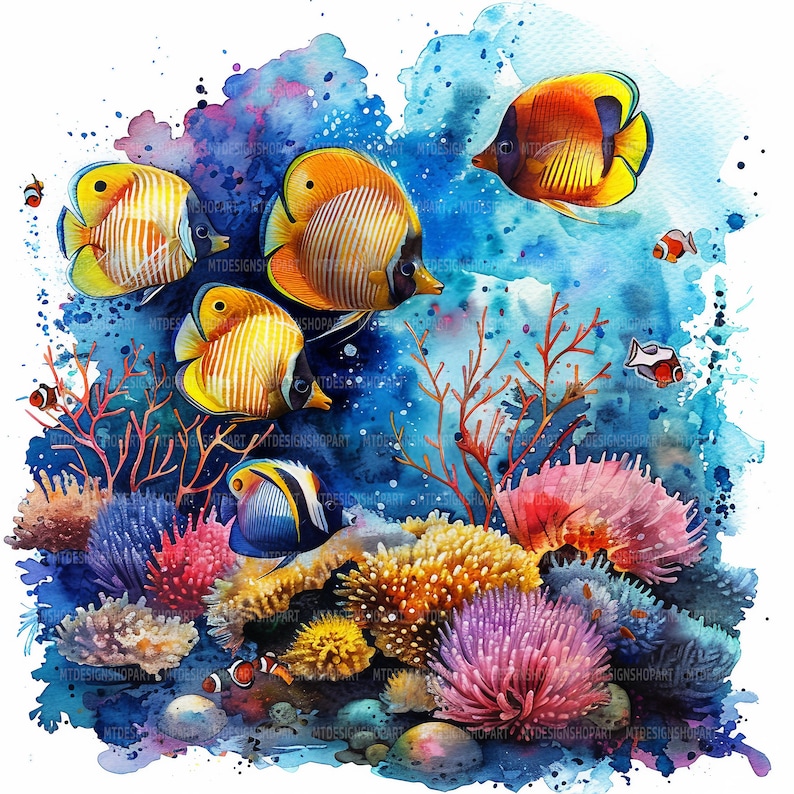 10 Coral Reef Clipart, Underwater Life Clipart, Printable Watercolor ...