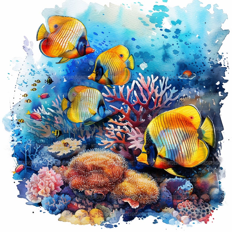 10 Coral Reef Clipart, Underwater Life Clipart, Printable Watercolor ...