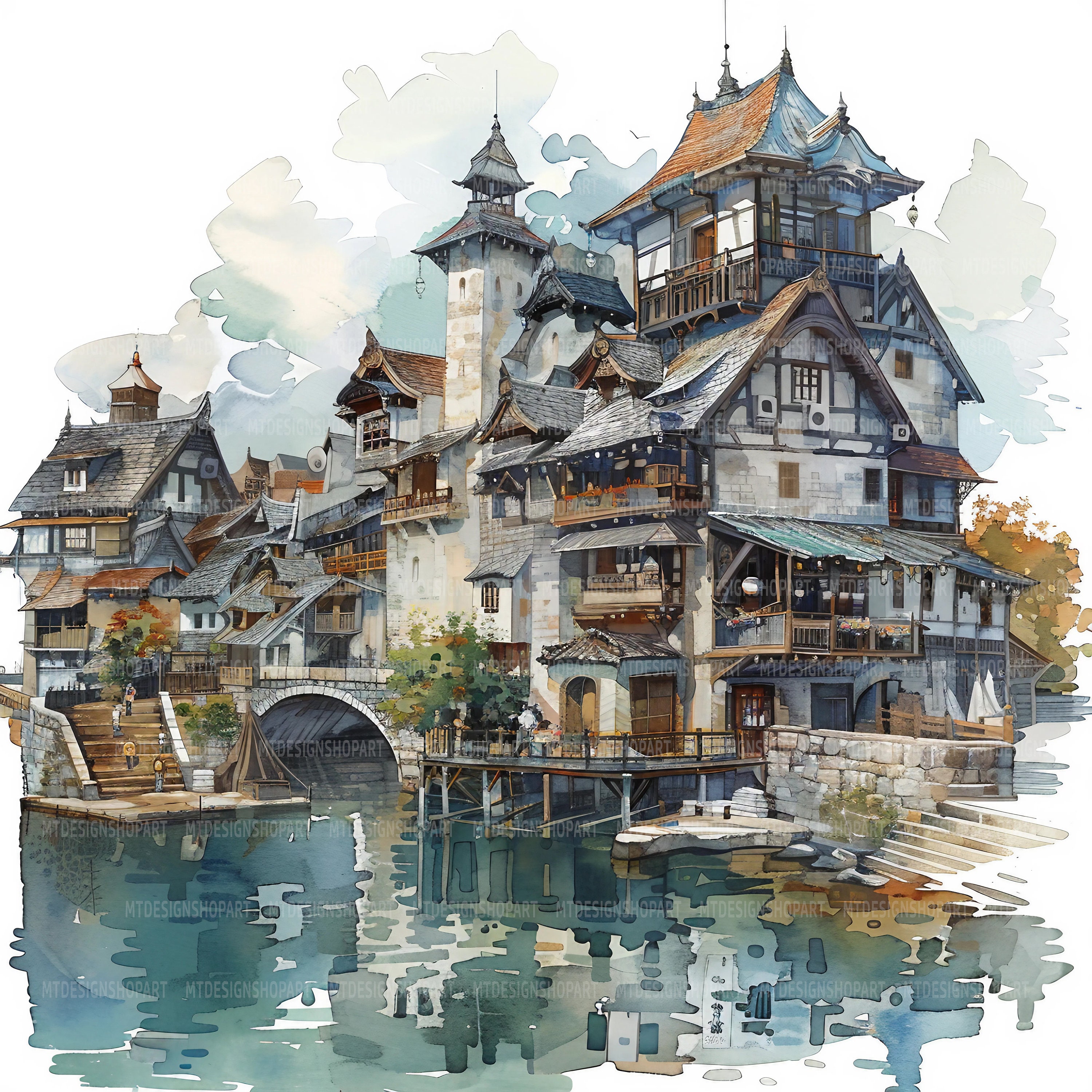 11 Old Lake Town Clipart, Old Town Bundle Clipart, Printable Watercolor ...