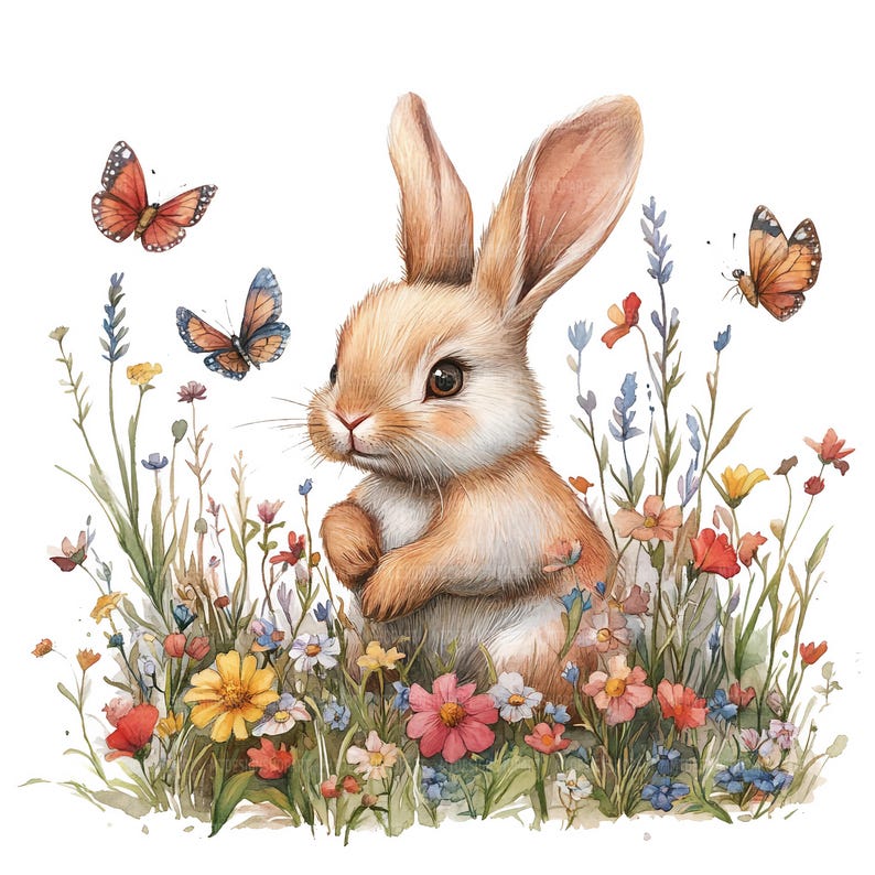 20 Bunny Butterfly and Wildflowers Clipart, Floral Rabbit, Printable ...