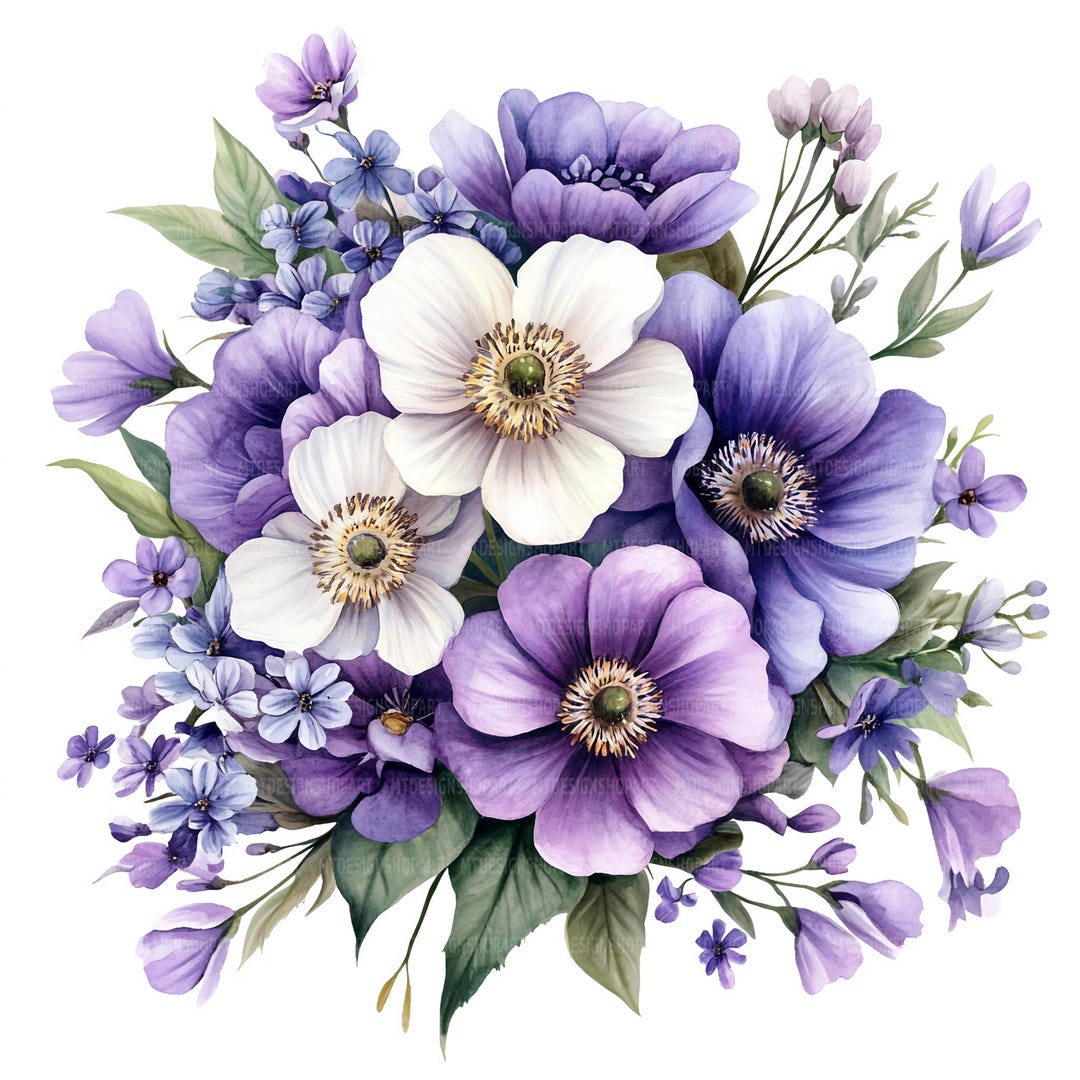 19 Purple Flowers Bouquet Clipart, Violet Flowers, Wedding Bouquet ...