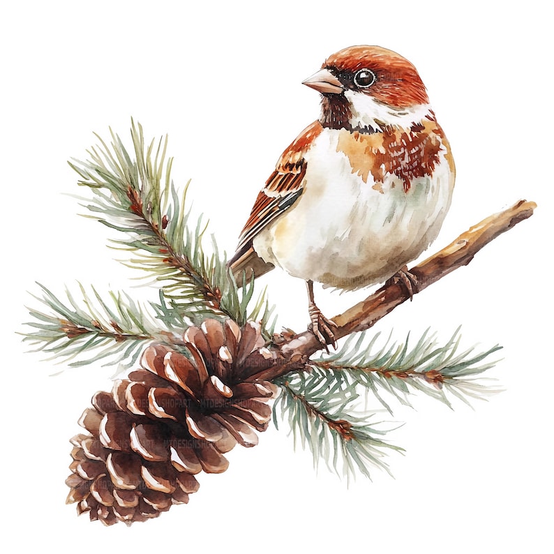 19 Sparrow Clipart, Sparrow on a Spruce Branch,, Printable Watercolor ...