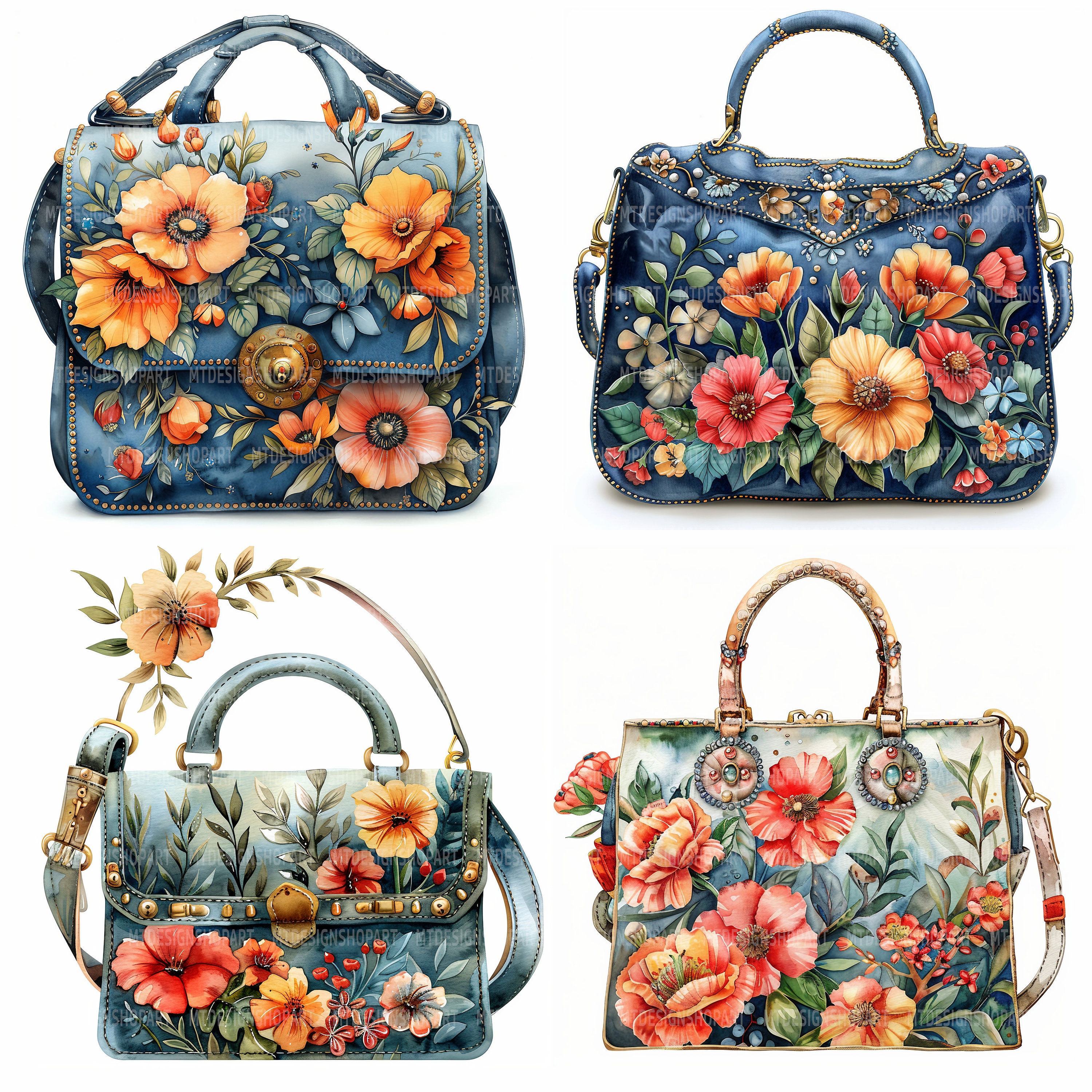 16 Floral Handbag Clipart, Handbag Clipart, Printable Watercolor ...