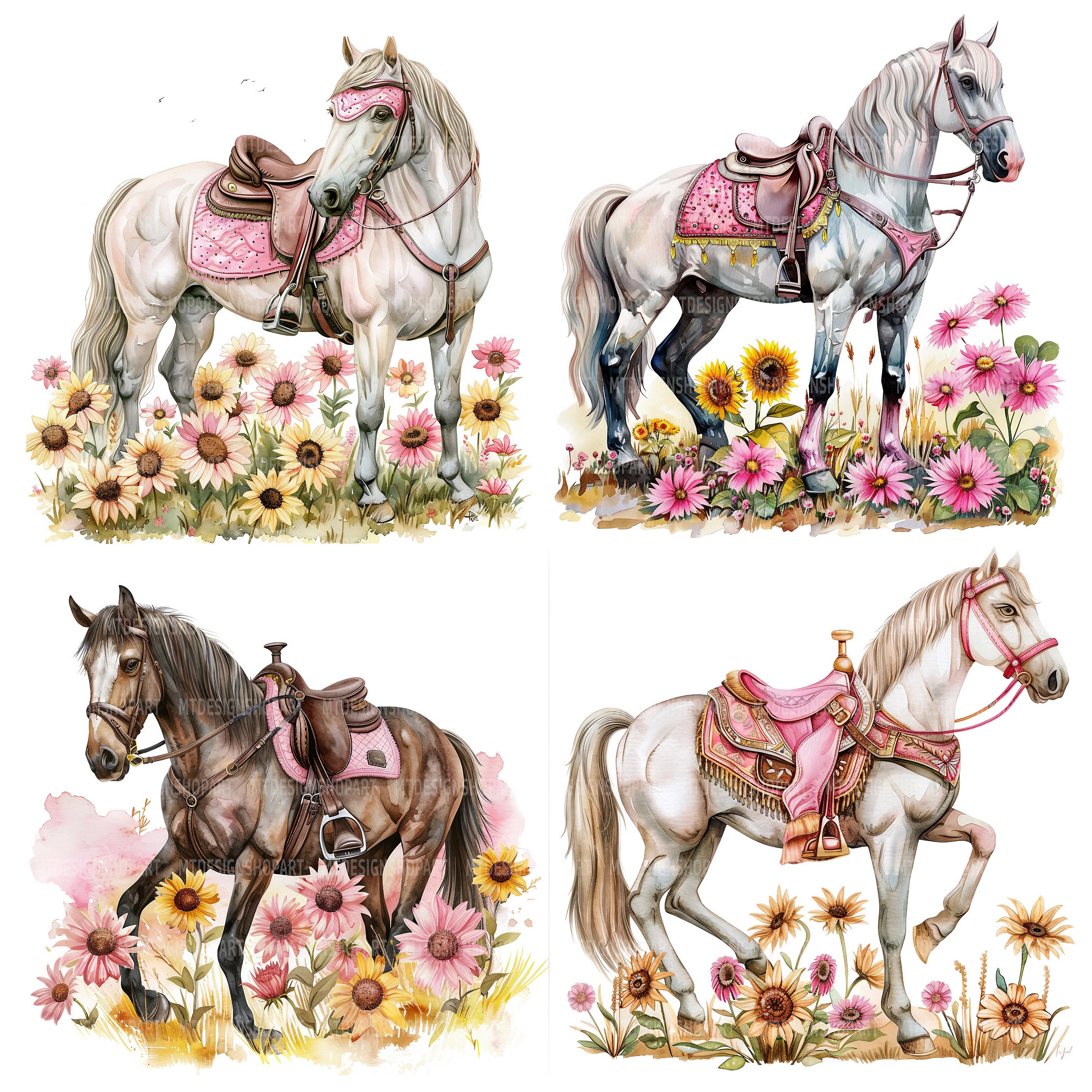 24 Horses in Flowers Clipart, Majestic Horses, Printable Watercolor ...