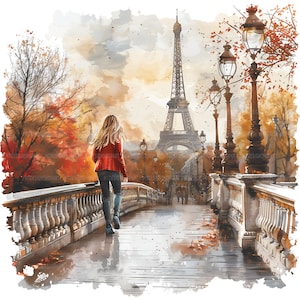 10 Woman in Paris Clipart, Autumn Clipart, Paris Bridge, Printable ...