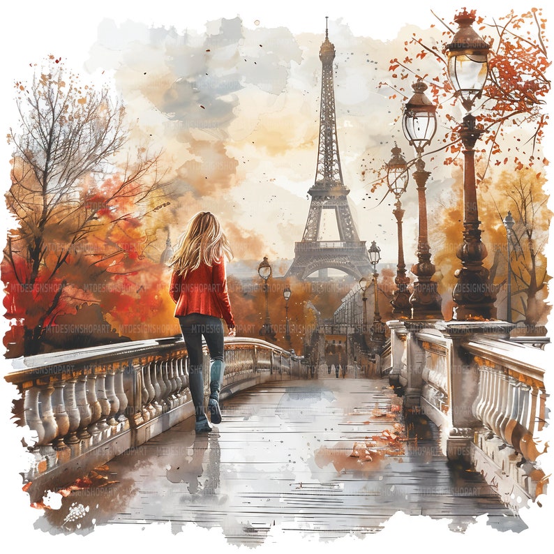 10 Woman in Paris Clipart, Autumn Clipart, Paris Bridge, Printable ...