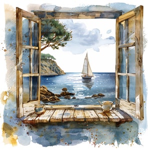 20 Window Ocean View Clipart, Window to Sea, Printable Watercolor ...
