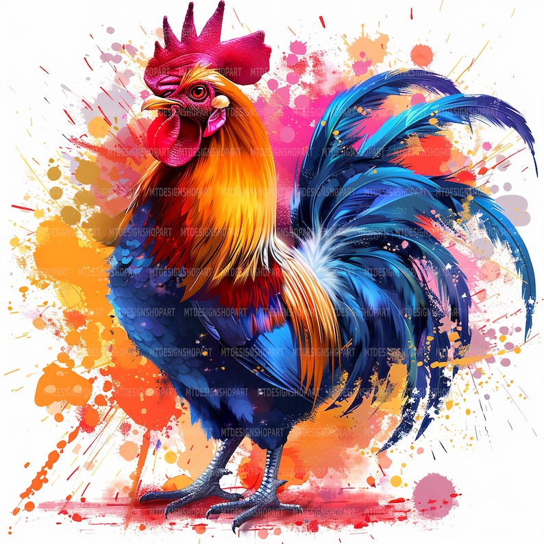 10 Coloured Rooster Clipart, Printable Watercolor Clipart, 10 High ...
