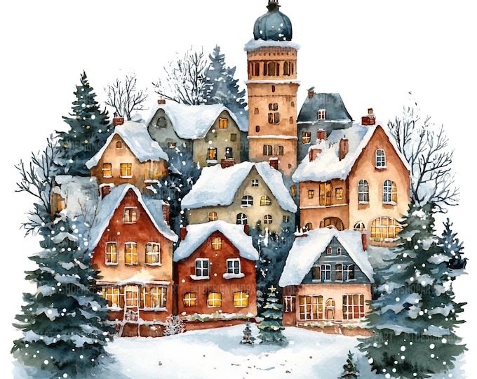 15 Christmas Village Clipart Bundle, Watercolor Holiday Winter Scene ...