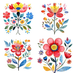 21 Folk Art Flowers Clipart, Rosemaling Floral, Printable Watercolor ...