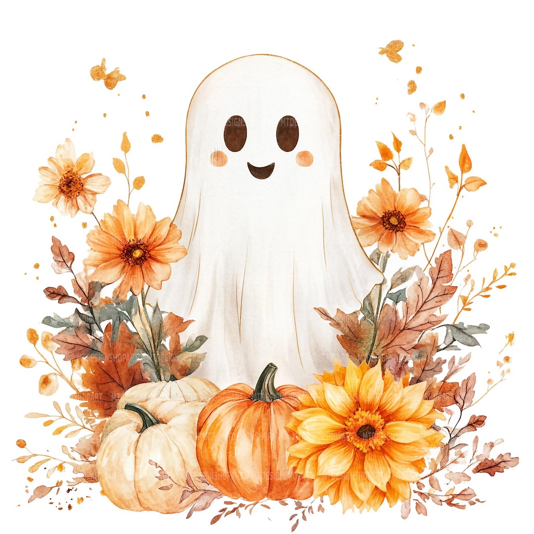24 Cute Ghost Clipart, Autumn Flowers, Printable Watercolor Clipart ...