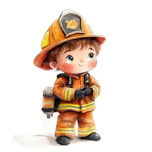 16 Cute Boy Firefighter Clipart, Firemen Clipart, Printable Watercolor ...