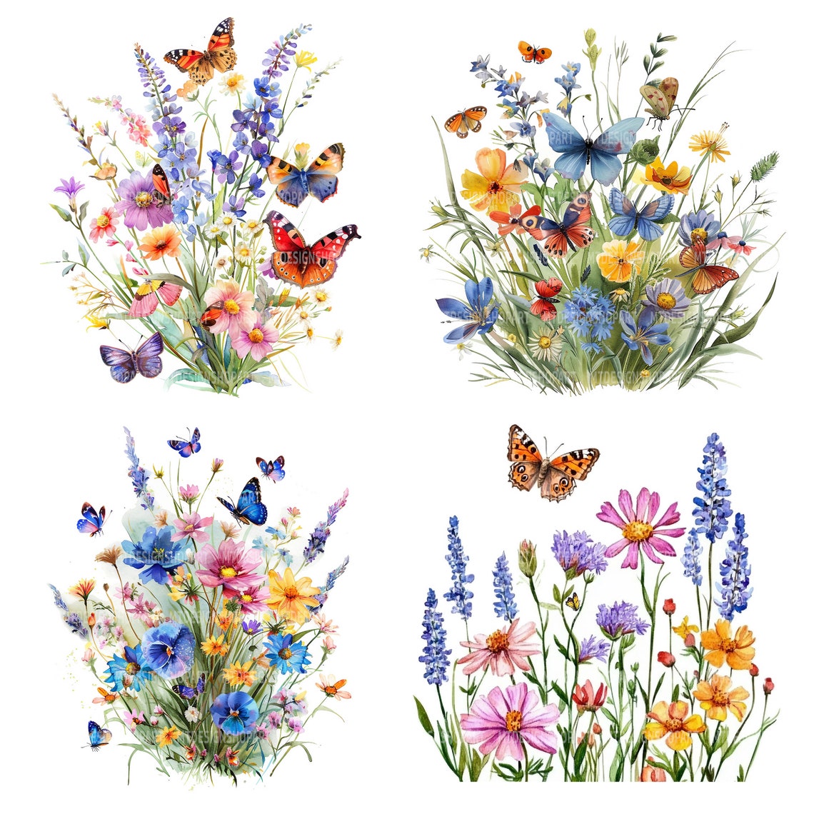 24 Butterflies and Wildflowers Clipart, Wildflowers Clipart, Printable ...
