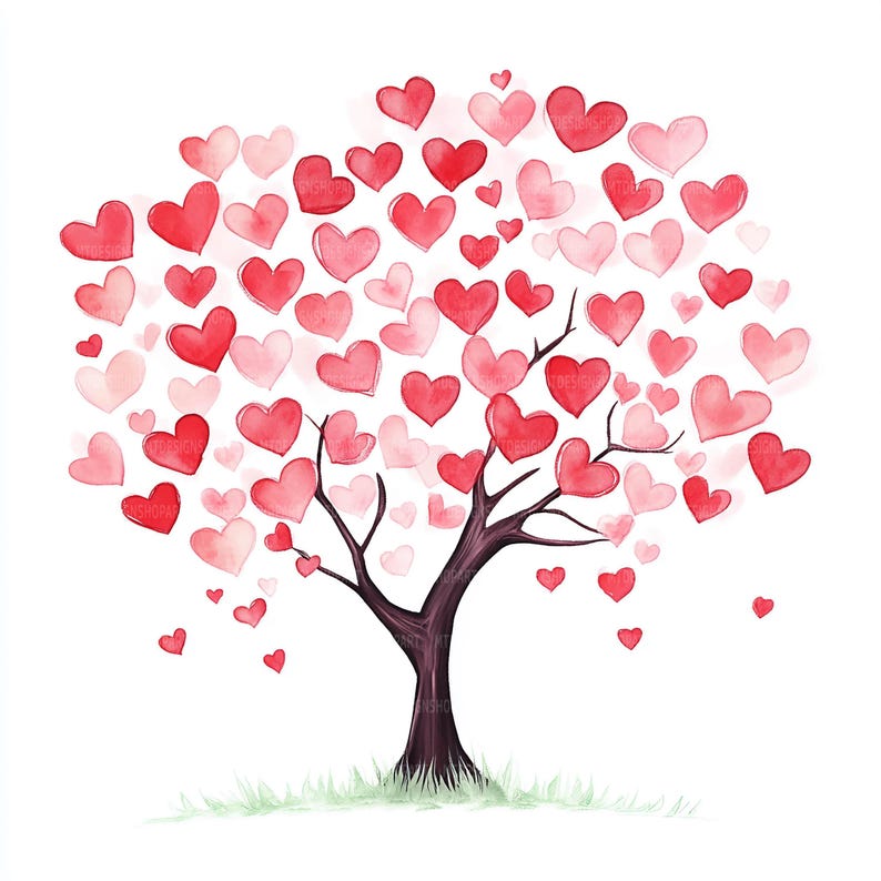 27 Hearts Tree Clipart, Valentine Day Heart Tree , Printable Watercolor ...
