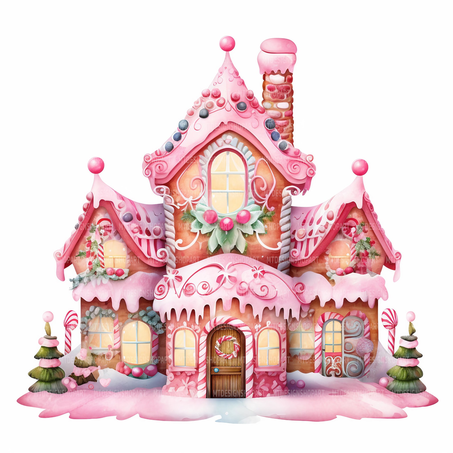 20 Pink Gingerbread House Set 1/3 Clipart, Gingerbread House Clipart ...