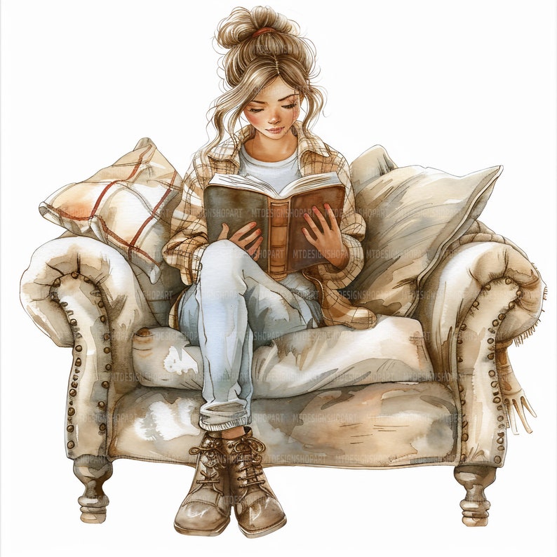 14 Pretty Girl Reading Book Clipart, Sofa Clipart, Printable Watercolor ...