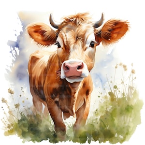 18 Cow Clipart, Farm Landscape, Printable Watercolor Clipart, Paper ...