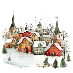12 Christmas Town Clipart, Winter Village , Printable Watercolor ...