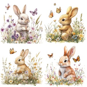 20 Bunny Butterfly and Wildflowers Clipart, Floral Rabbit, Printable ...