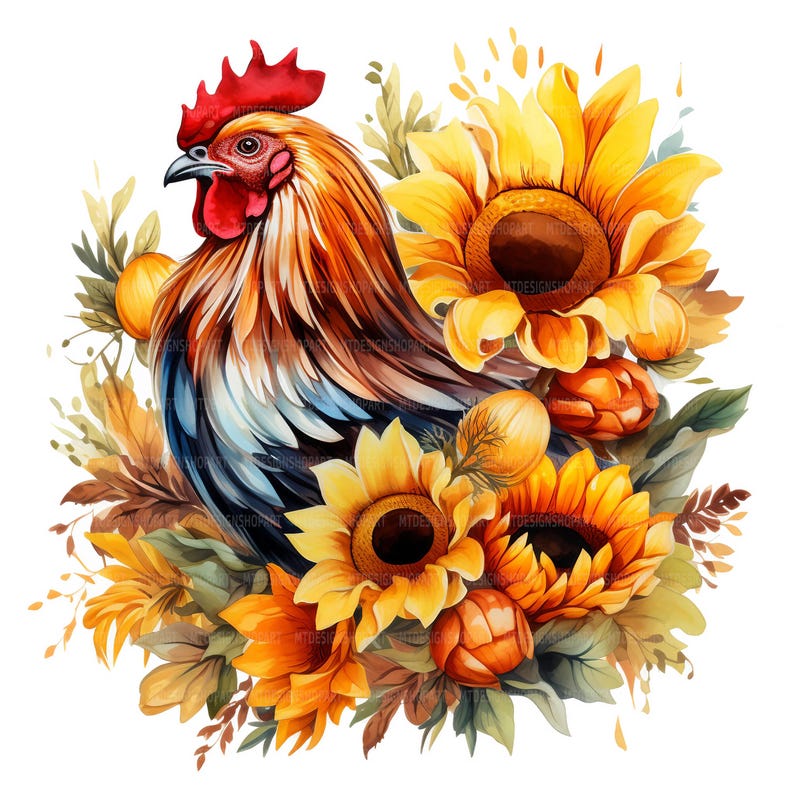 19 Rooster Sunflowers Clipart, Fall Flowers, Printable Watercolor ...
