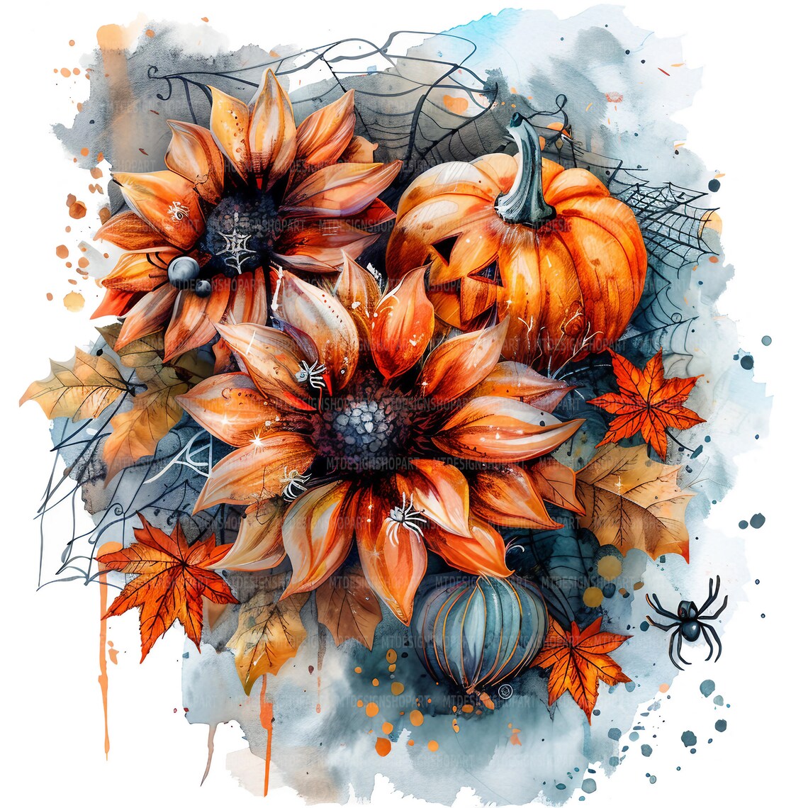 12 Halloween Flower Clipart, Flowers Clipart, Printable Watercolor ...
