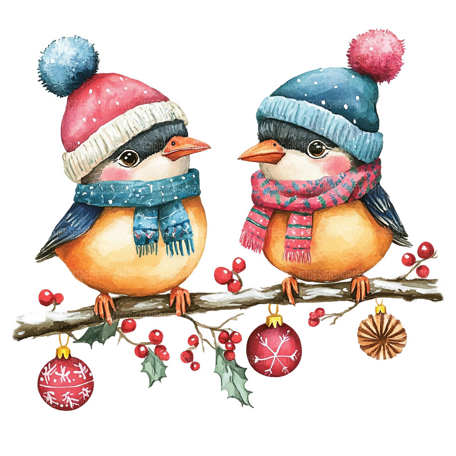 22 Christmas Birds Clipart, Festive Birds on Branch, Printable ...