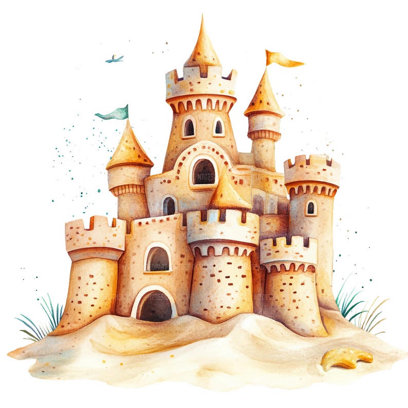 19 Watercolor Sand Castle Clipart, JPG, Cartoon Castle, Paper Craft ...